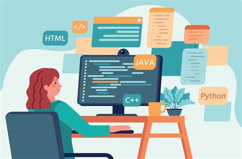 Web Designer And Programmer Working At Desktop Computer Cartoon Woman