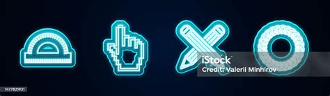 세트 라인 각도기 그리드 픽셀 손 커서 교차 연필 및 월계관 빛나는 네온 아이콘입니다 벡터 교육에 대한 스톡 벡터 아트 및 기타 이미지 Istock