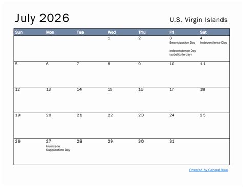 Us Virgin Islands Holiday Calendar For July 2026