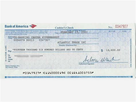 Cashiers Check Example
