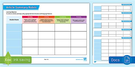 Article Summary Rubric Assessment Tool
