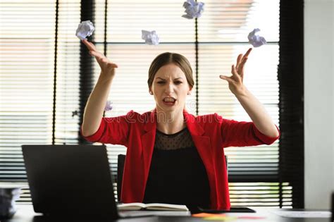 Stressed Businesswoman Throwing Crumpled Paper Having Problem With