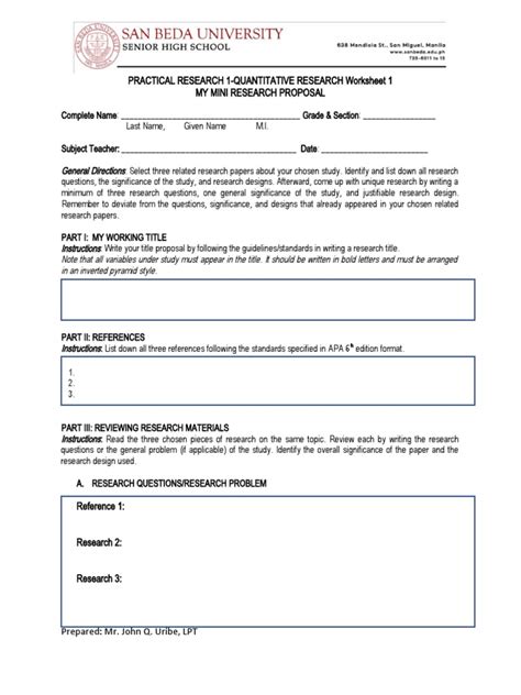 Pr2 Worksheet No 1 Mini Research Proposal 1 Pdf