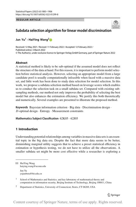 Subdata Selection Algorithm For Linear Model Discrimination Request Pdf