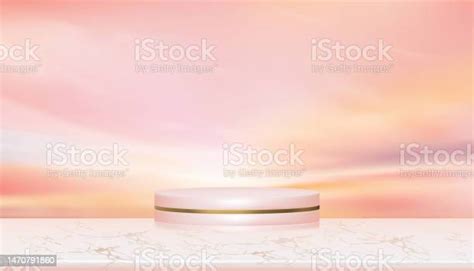 3d 디스플레이 포디움 대리석 테이블 위에 구름이 있는 일몰 먼지 하늘 벡터 빈 스튜디오 룸 실린더 스탠드 대리석 바닥 질감 일출 하늘 배경 스퍼팅 여름 프리젠 테이션