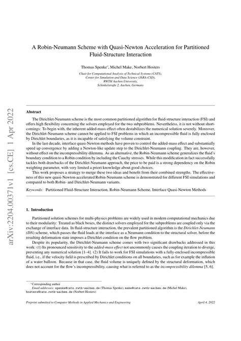 Pdf A Robin Neumann Scheme With Quasi Newton Acceleration For Partitioned Fluid Structure