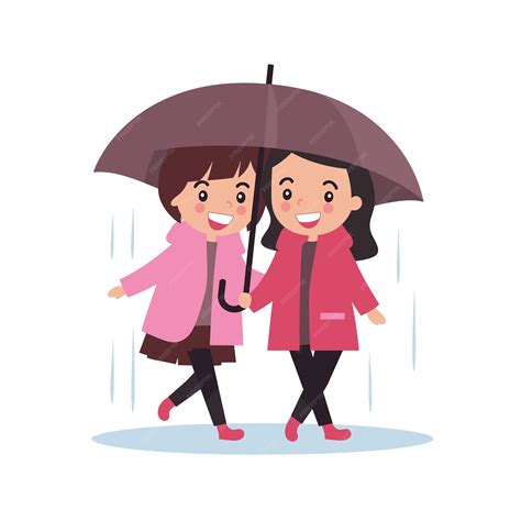 Premium Vector Two Girls Walking Under One Umbrella Smiling During