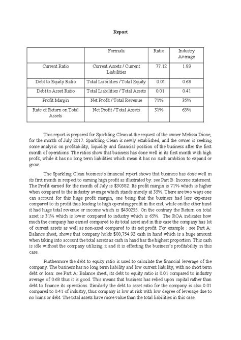 Final Report File Report Formula Ratio Industry Average Current Ratio