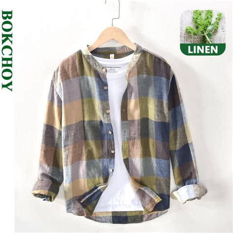 남성용 격자 무늬 린넨 셔츠 코튼 대마 제작 편안한 만다린 칼라 긴팔 가을 겨울 신상 Gml04 731캐쥬얼 셔츠