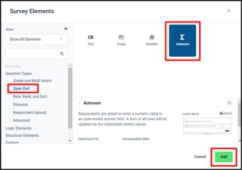 Autosum Element Surveys