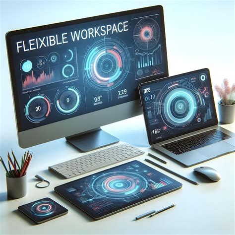 Desktop And Tablet With Holographic Analytics Software And Flexible Workspace Text Concept As