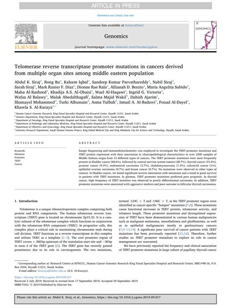 Pdf Telomerase Reverse Transcriptase Promoter Mutations In Cancers