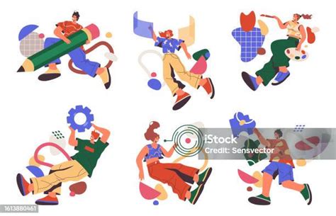 추상 예술가와 콘텐츠 제작자 평면 만화 벡터 일러스트레이션 세트 작가 또는 저널리스트 프로젝트 관리자 제어 프로세스 비즈니스 및 업무 관련 문제 그리기 및 해결 가공의