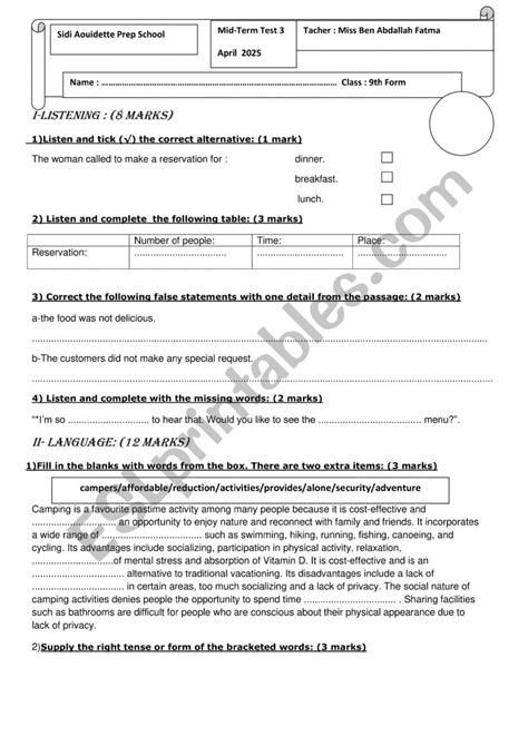 Mid Term Test 3 Esl Worksheet By Gearge