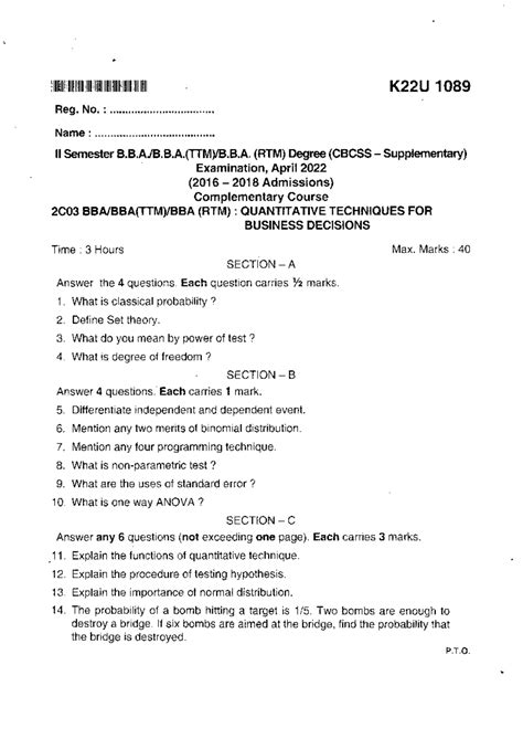 K22u1089 Quantitative Techniques Question Paper Ilililililt Ililt