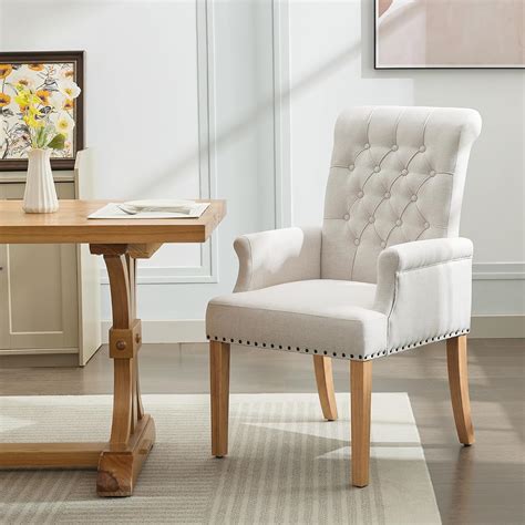 Fabric Dining Chair With Arms Upholstered Tufted High Back Dining Room