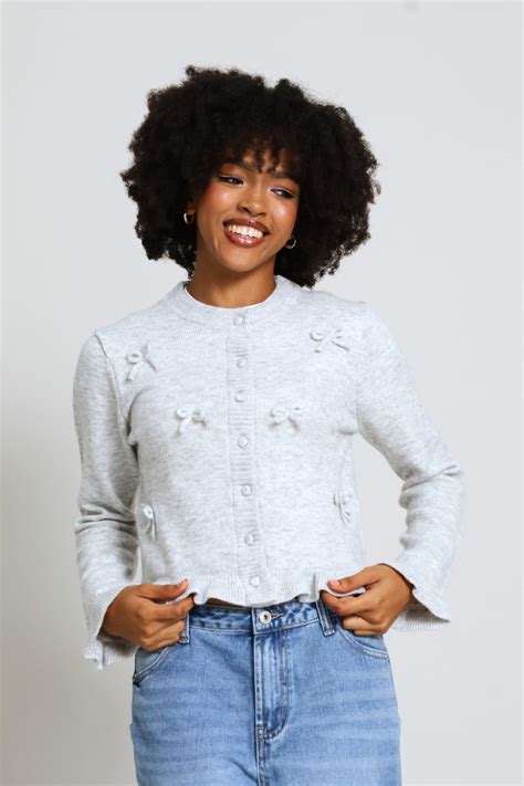 Ladies Frill And 3d Bows Crew Cardigan Grey Edgars