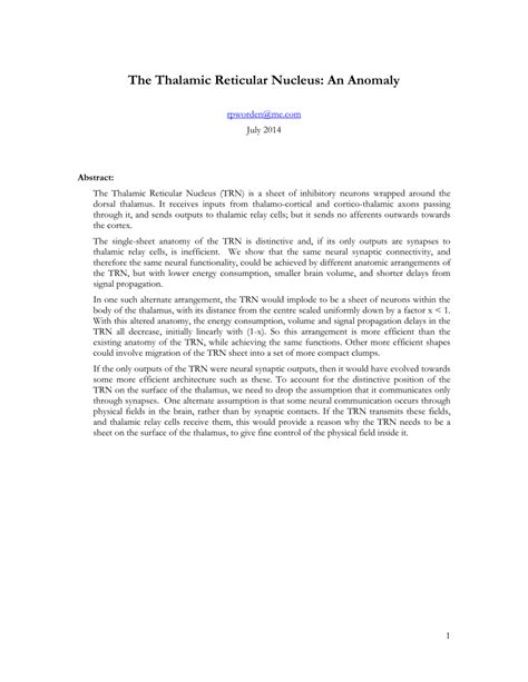 Pdf The Thalamic Reticular Nucleus An Anomaly