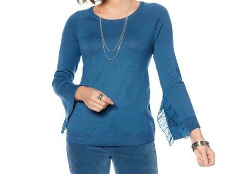 Dg2 By Diane Gilman Womens Quad Blend Ruffle Sleeve Sweater Blue Large