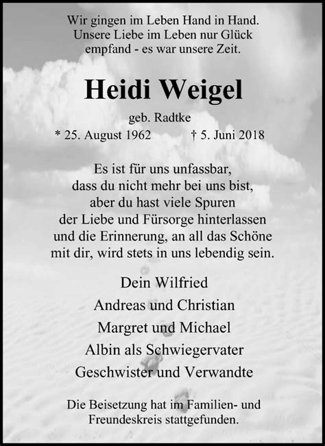 Traueranzeigen Von Heidi Weigel Trauer In Nrw De