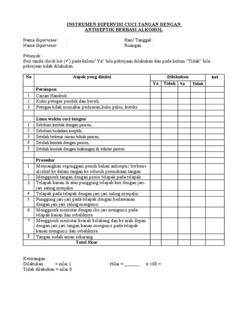 Instrumen Supervisi Cuci Tangan Dengan Antiseptik Berbasis Alkohol Pdf