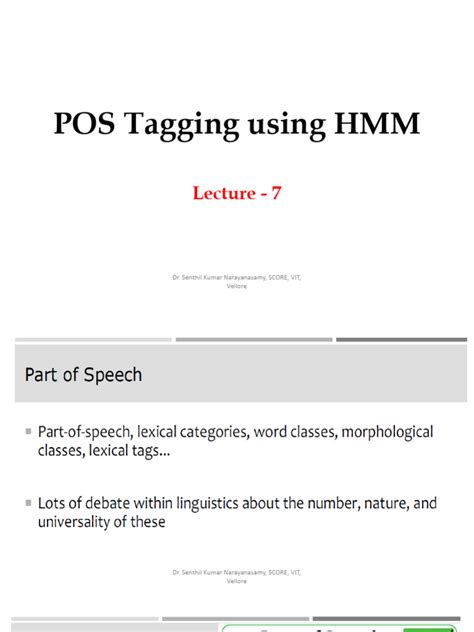 lecture 1 7 pos tagging using hmm pdf part of speech linguistic