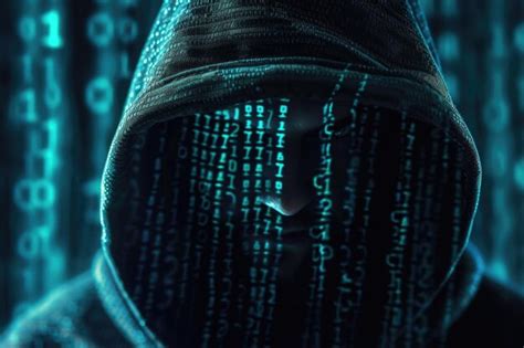 Hacker Con Un Cappuccio E Matrice Di Codice Binario Blu Hackerando I