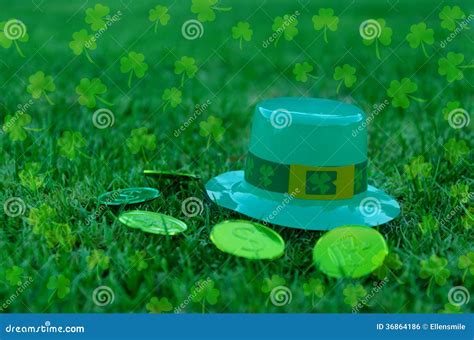 Cappello E Monete Del Giorno Di St Patrick Su Erba Fotografia Stock