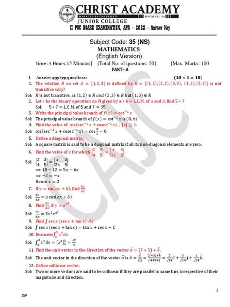 ii puc board apr 2022 mathematics answer key pdf mathematics