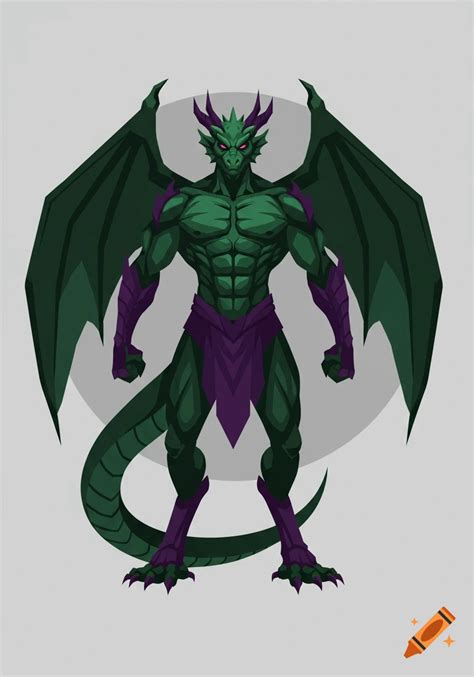 A Muscular Green Humanoid Dragon With Large Wings And Purple Accents