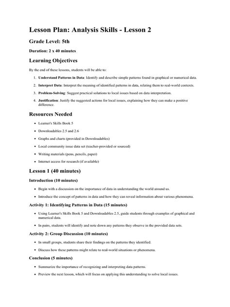 Lesson Plan Analysis Skills Lesson 2 Stage 5 Pdf