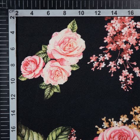 Black Floral Digital Print Japan Satin Fabric Fabcurate