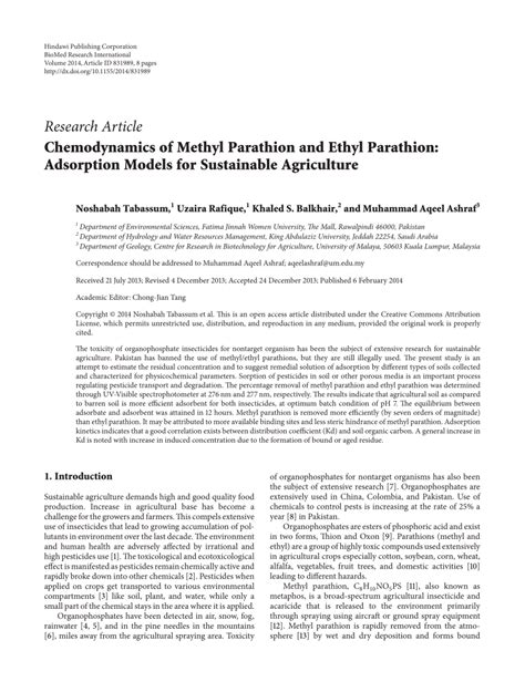 Pdf Chemodynamics Of Methyl Parathion And Ethyl Parathion Adsorption
