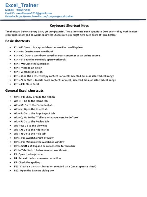 Ms Excel Keyboard Shortcuts Pdf Microsoft Excel Keyboard Shortcut