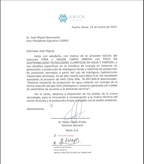 Carta De Interés De Abick Sa En Proyecto Corfo De Hho Chile Id Postulación 343811 Hho Chile