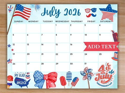 Editable Fourth Of July 2026 Calendar Printable Summer Calendar W