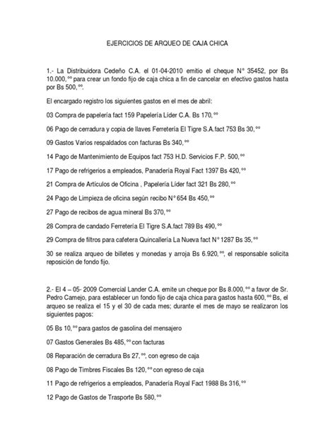 Ejercicios De Arqueo De Caja Chica Pdf