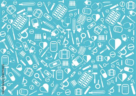 Pattern Of Various Medical Icons On A Light Blue Background Stock
