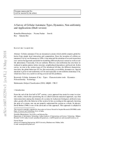 Pdf A Survey Of Cellular Automata Types Dynamics Non Uniformity And Applications