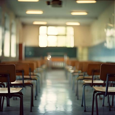 Blurry School Classroom With Empty Desks And Chairs No Students Or