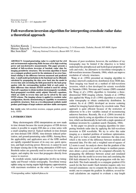 Pdf Full Waveform Inversion Algorithm For Interpreting Crosshole
