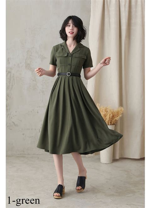 Military Inspired Dress Army Green Midi Shirt Dress For Women A Line