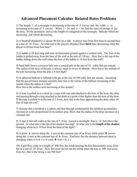 Advanced Placement Calculus Related Rates Problems