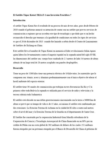 El Satélite Túpac Katari Tksat Jhon Cristhian Mamani Arenas Pdf Satélite