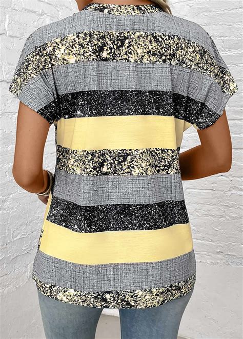 Light Yellow Button Striped Short Sleeve Split Neck Blouse Usd 32 98