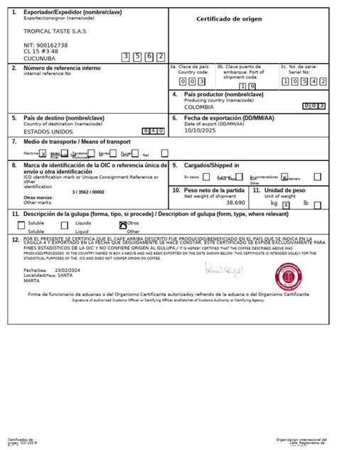 Certificado De Origen De Café Colombia Pdf