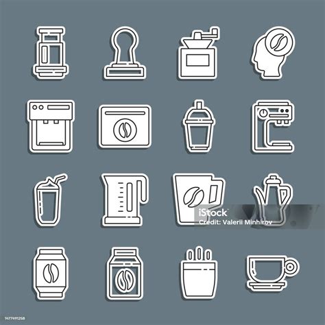 세트 라인 커피 컵 주전자 머신 수동 커피 그라인더 가방 콩 Aeropress 및 이동 아이콘 벡터 가방에 대한 스톡 벡터 아트 및 기타 이미지 Istock
