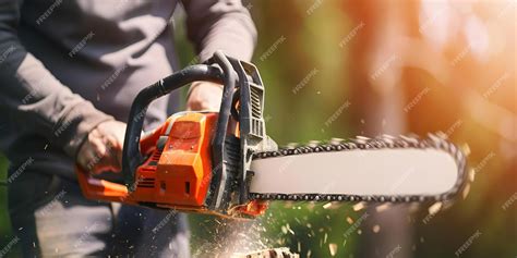 Man Using Chainsaw To Cut Tree For Forestry Lumber Industry Concept