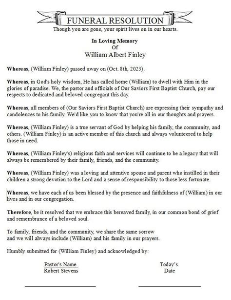 Digital Printable Funeral Resolution Letter Template Word Document