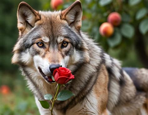 Wolf Holding A Red Rose In Soft Romantic Setting Stock Illustration